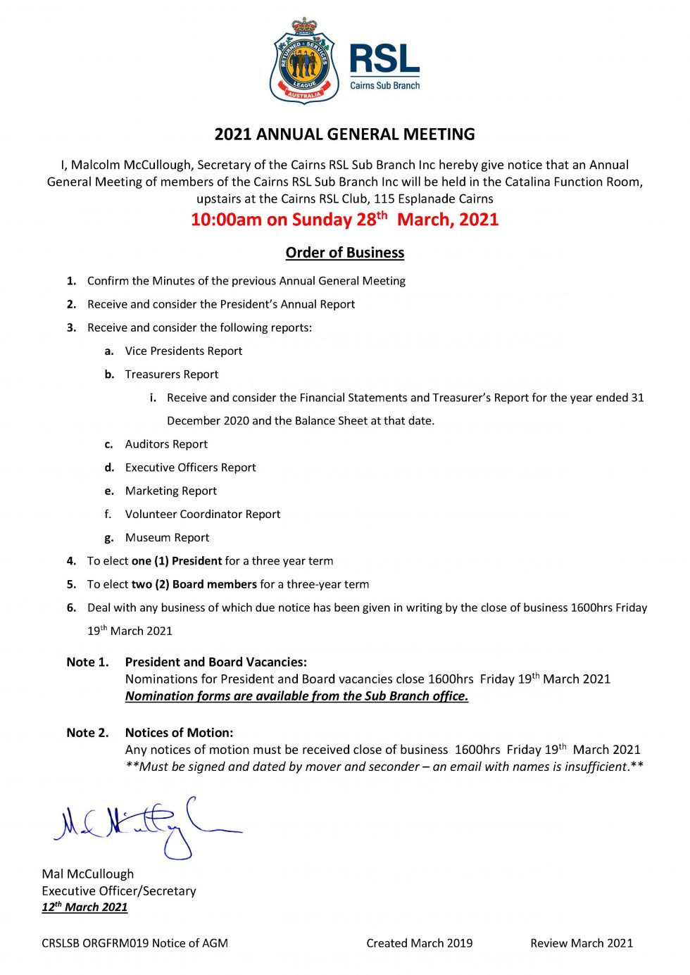 IMPORTANT - Notice of 2021 AGM - Cairns RSL SubBranch